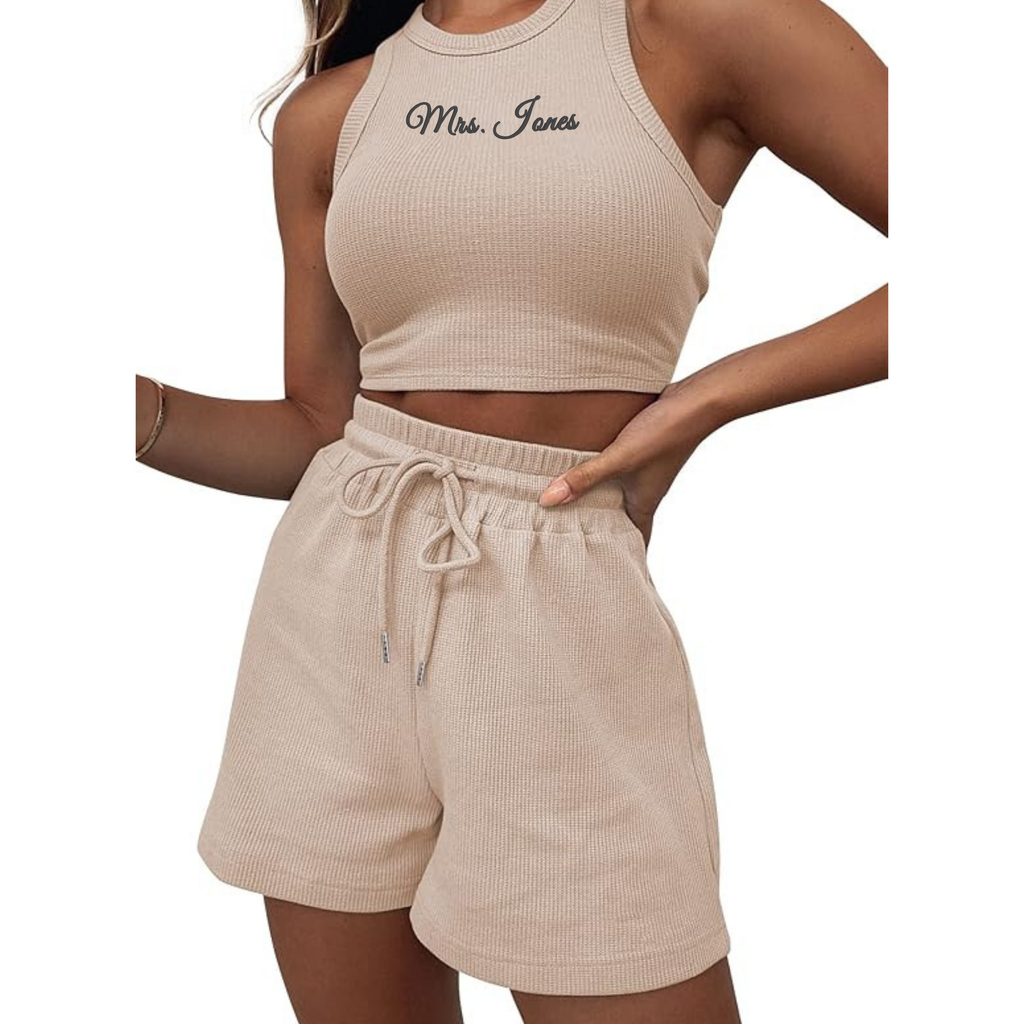 CURSIVE TEXT WAFFLE SHORT SET - EMBROIDERY – Glamourlyss Design
